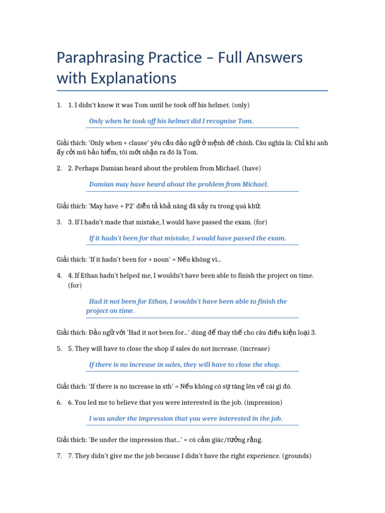Paraphrasing Practice Answers | PDF