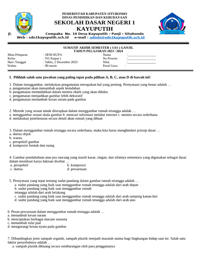 Sas Seni Rupa SMT 1 Kelas 4 2023-2024 | PDF