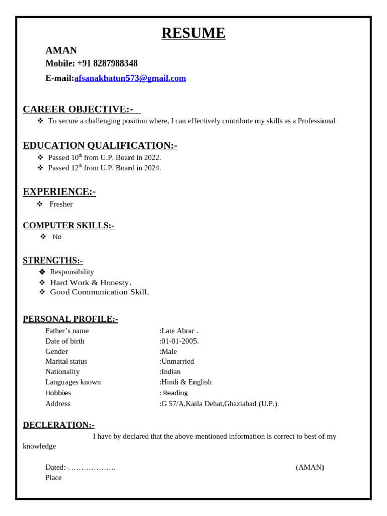 Resume of Aman - Fresher Profile | PDF