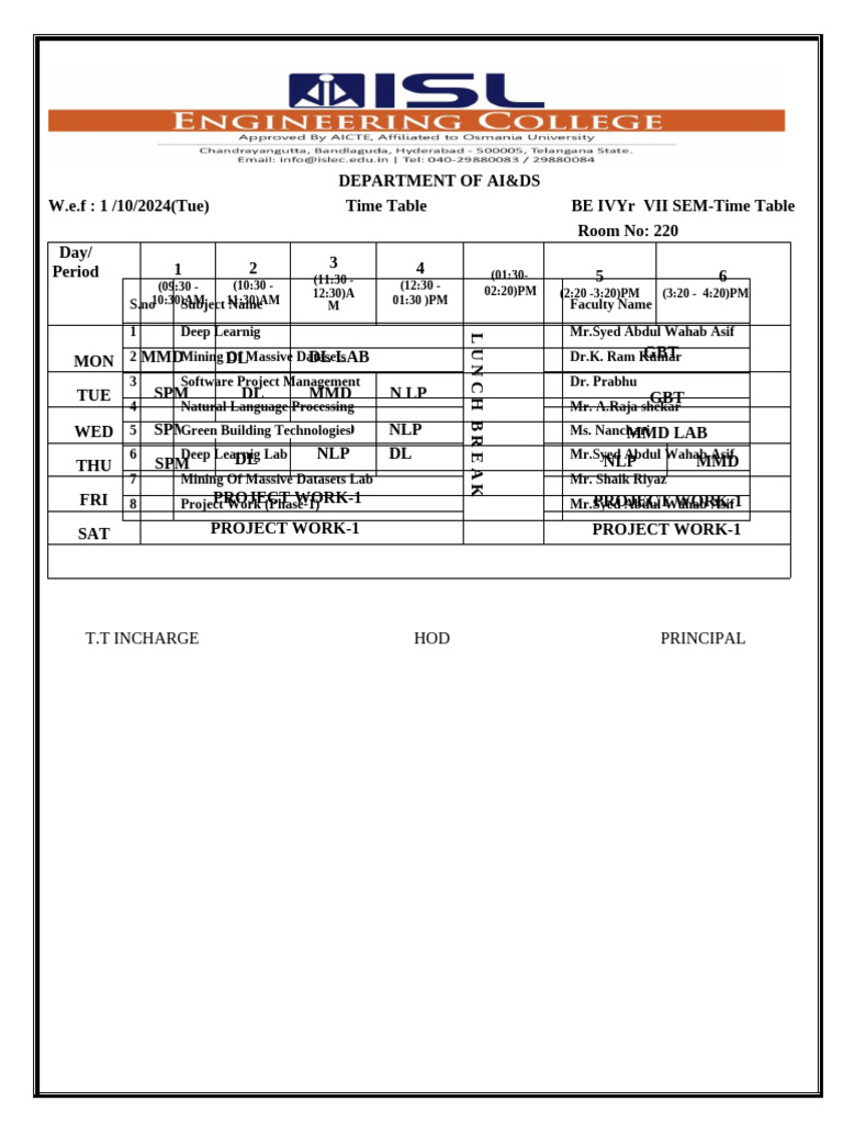 AI&DS IV Year time table 2024 - Copy-UMS | PDF