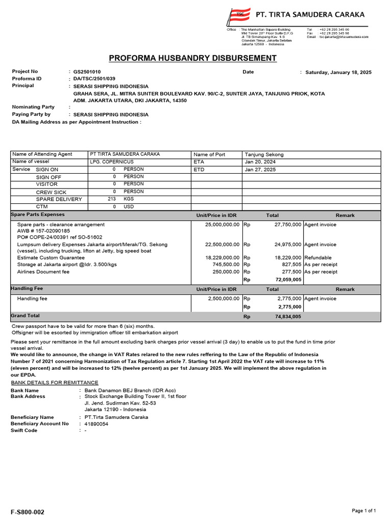 Proforma Husbandry Disbursement Details | PDF | Jakarta | Economies