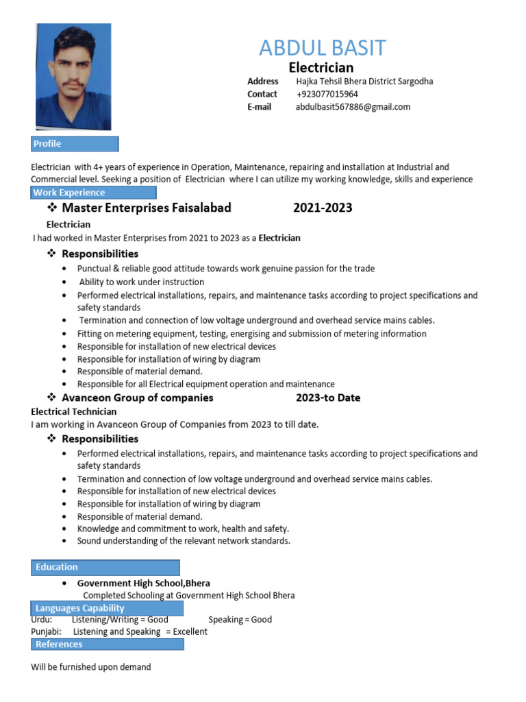 Abdul basit Resume | PDF | Electrician | Electrical Wiring