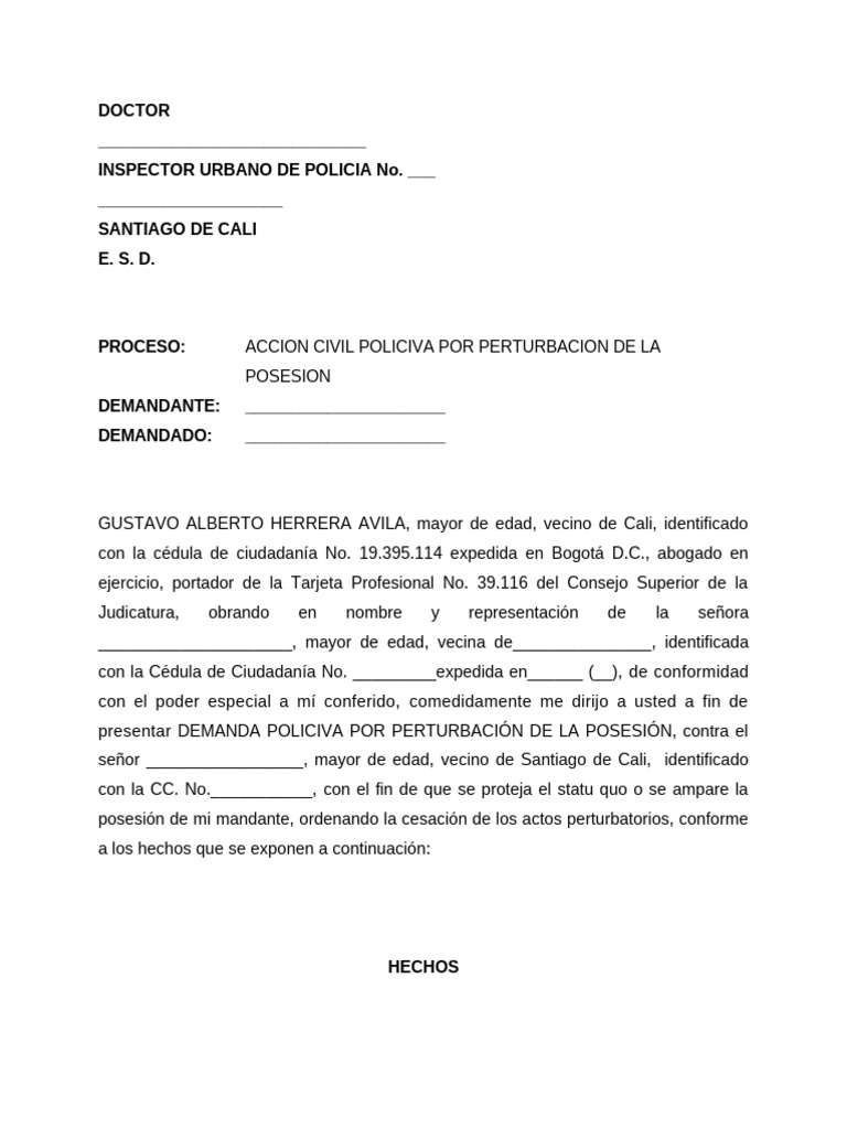 Querella Policiva Perturbación de La Posesión | PDF | Accion legal ...