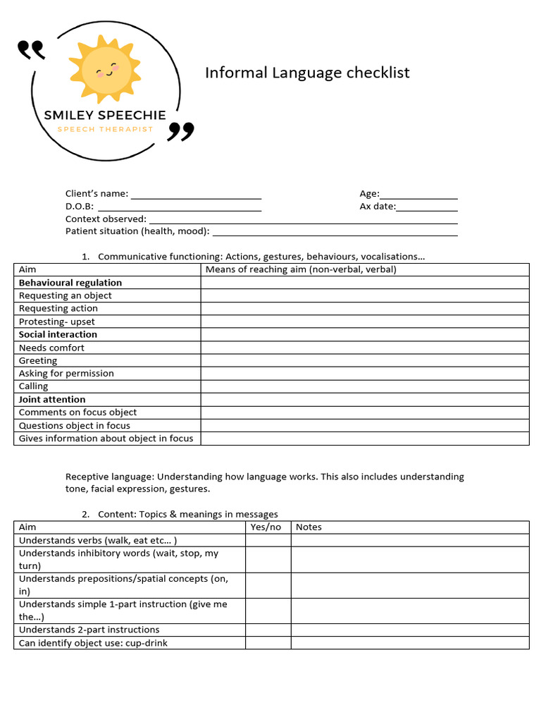 Informal Language Assessment Checklist | PDF | Nonverbal Communication | Gesture