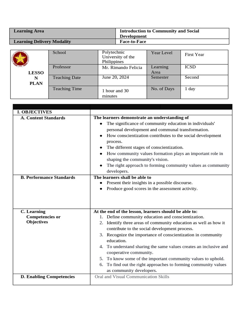 Community Education - Lesson Plan | PDF | Cognition | Liberal Arts ...