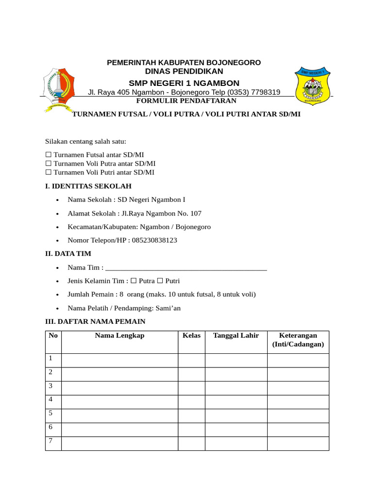 Contoh Formulir Pendaftaran Futsal | PDF