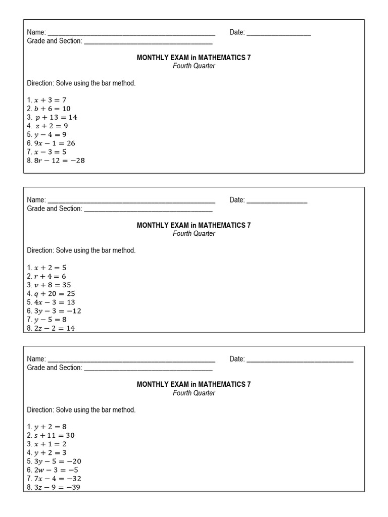 Monthly Math Exam - Grade 7 | PDF