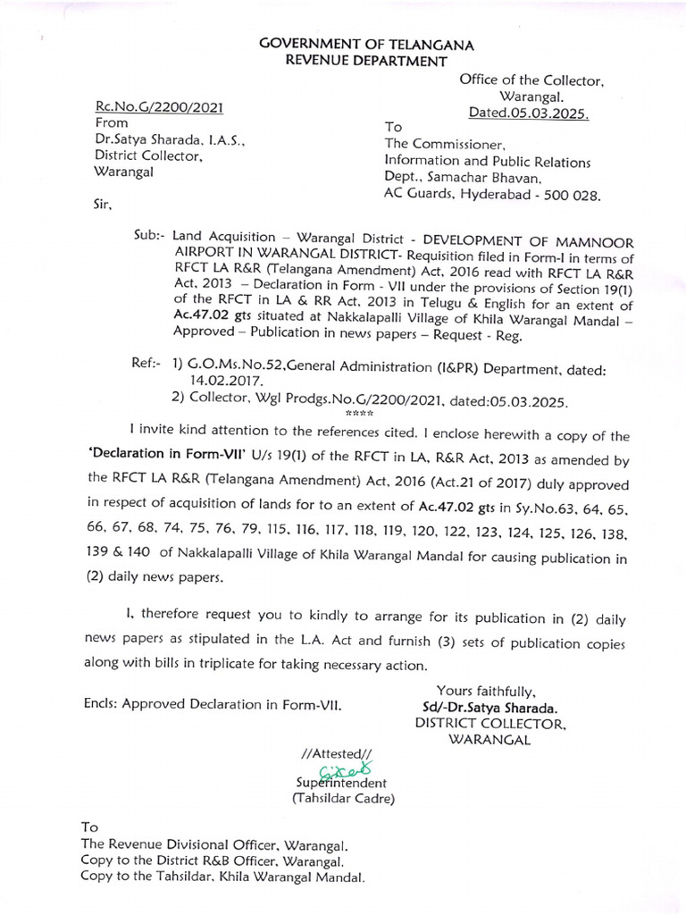 Mamnoor Airport Land Acquisition Notice | PDF