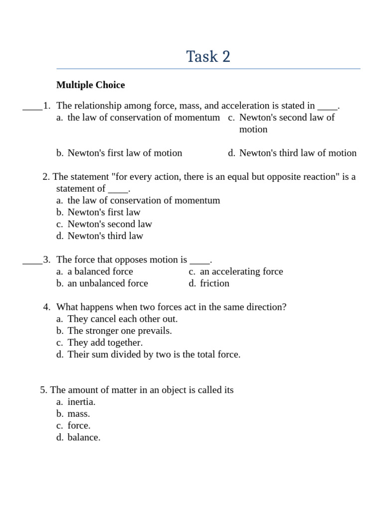 Quiz Force and Motion Task 2 | PDF | Force | Newton's Laws Of Motion