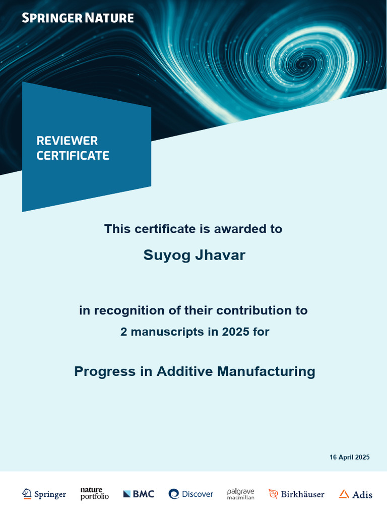 Reviewer Certificate for Suyog Jhavar | PDF