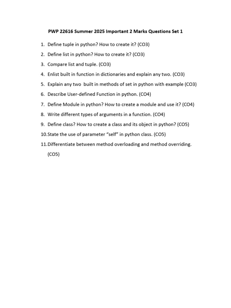 PWP Imp Ques (2 and 4 Marks) S25 Exam | PDF