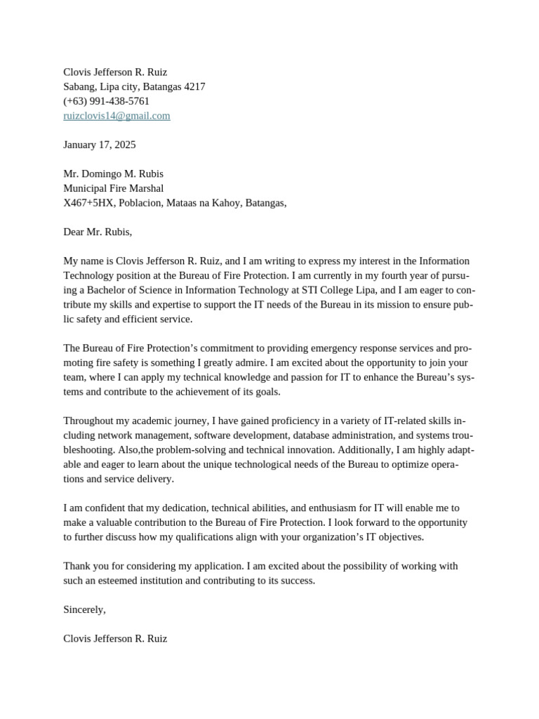 Clovis Ruiz Cover Letter | PDF