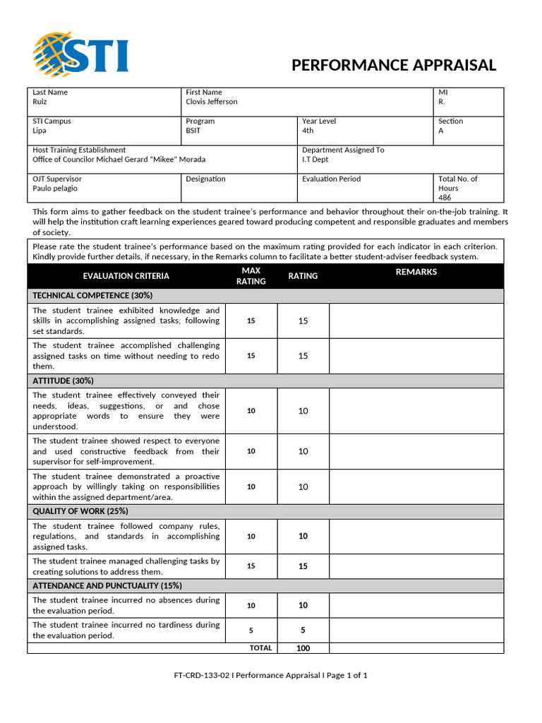 OJT Performance Evaluation for Clovis Ruiz | PDF | Performance Appraisal | Psychological Concepts