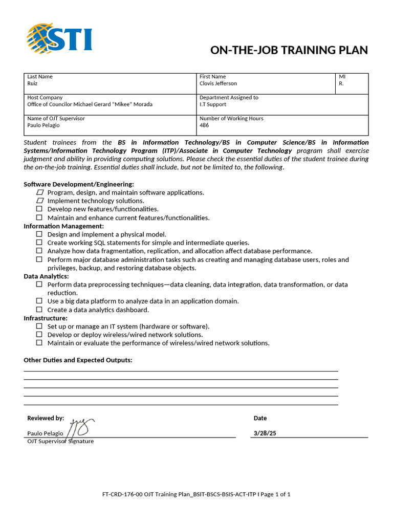 OJT Training Plan - BSIT (Ruizclovis) | PDF | Databases | Information ...