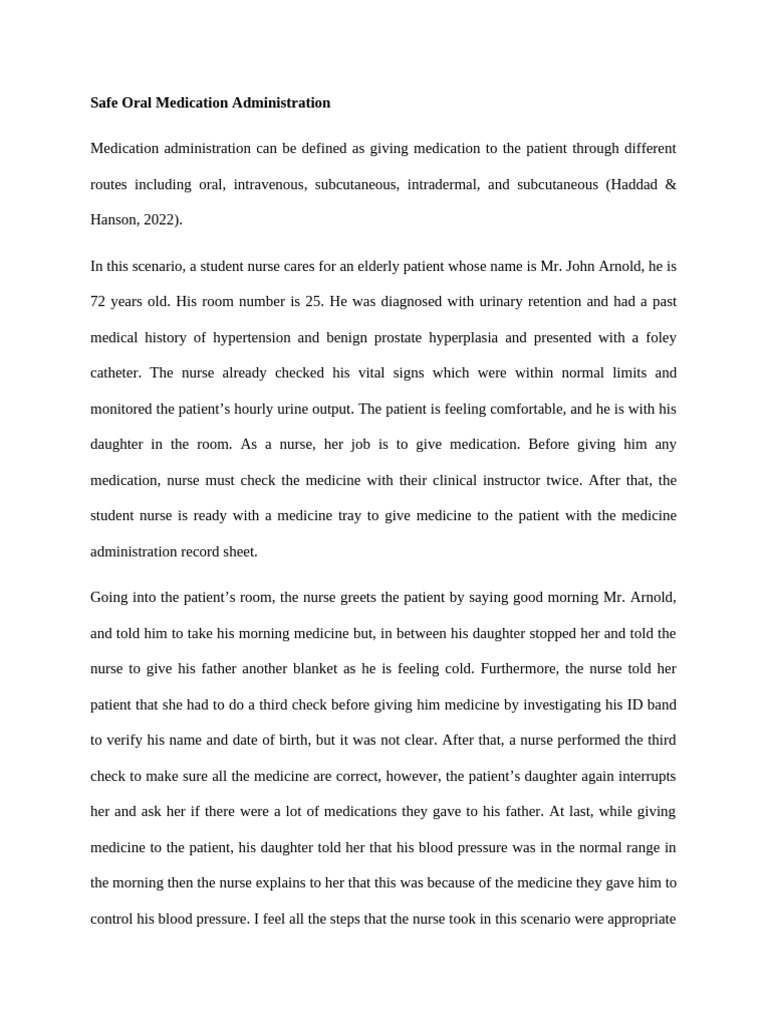 Reflection On Safe Oral Medication Administration | PDF | Nursing | Patient