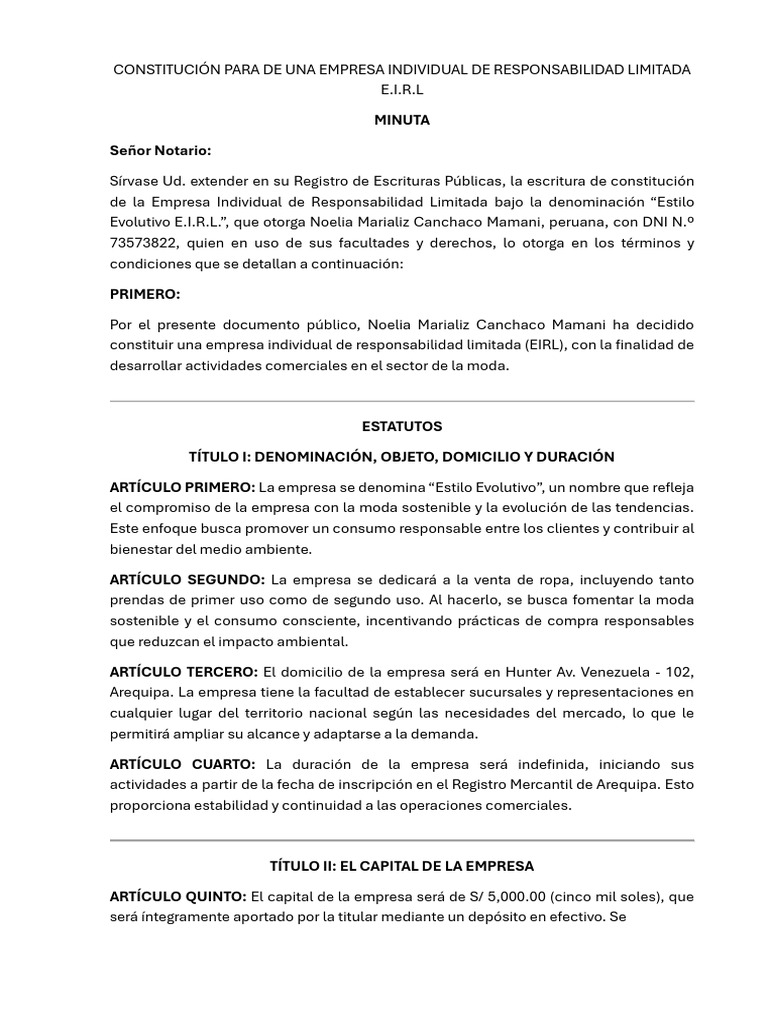 Minuta de Constitución de La EIRL | PDF | Business | Bancarrota