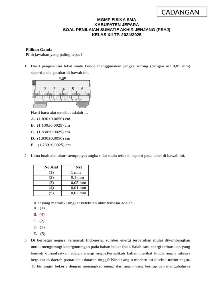 Soal Fisika PSAJ 2024_2025 Cadangan | PDF