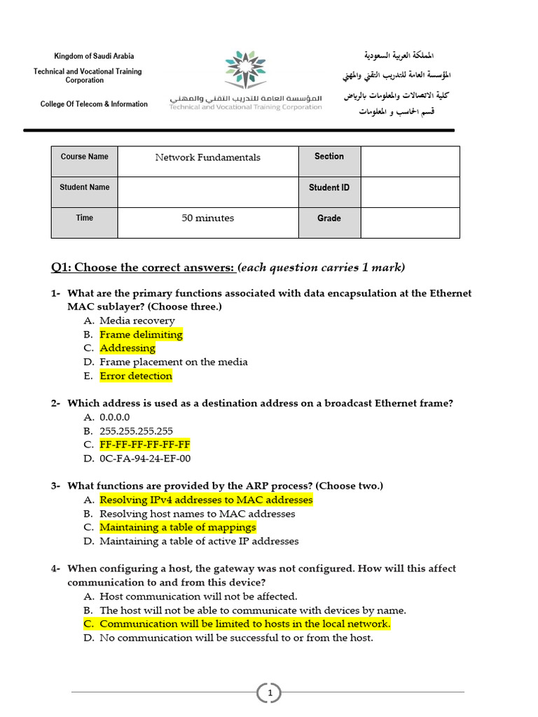 Network Fundamentals Second Exam (Answer Sheet) | PDF | Ip Address ...