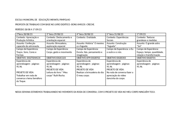 rotina crche período 28 09 A 1º 08 | PDF