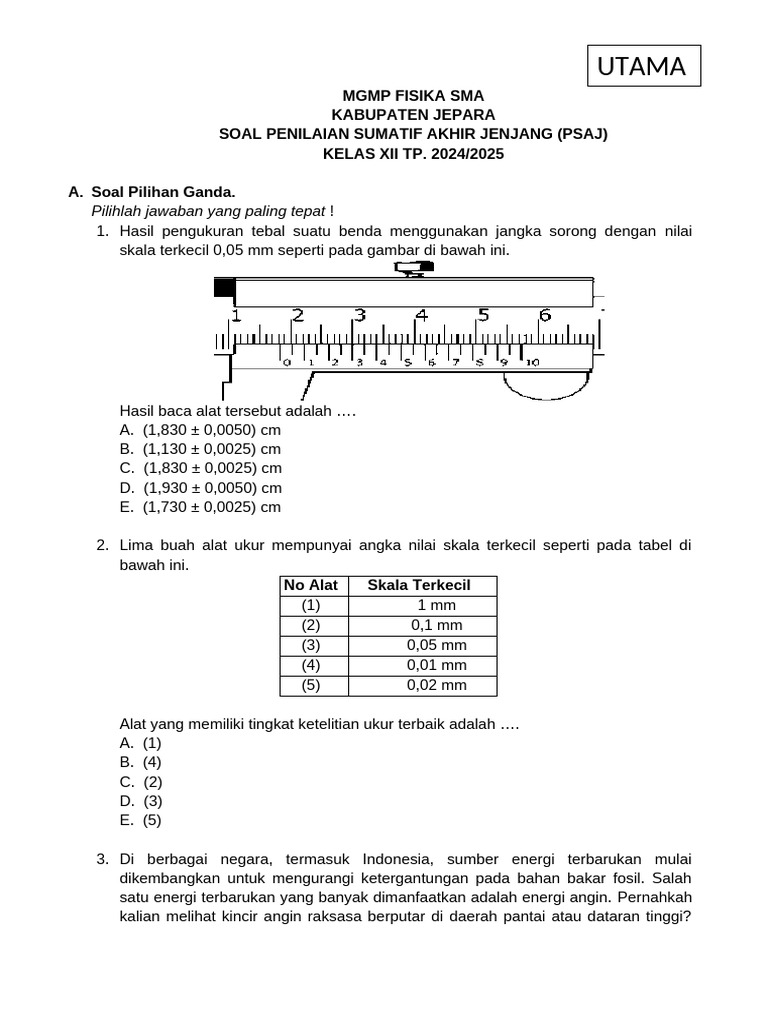 MGMP Fisika Kab Jepara - Soal Psaj 2024-2025 | PDF