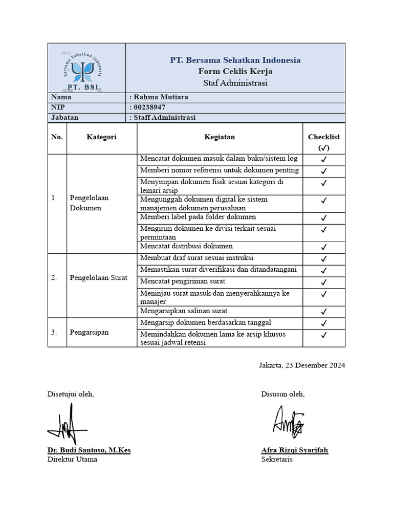 Form Ceklis Kerja | PDF
