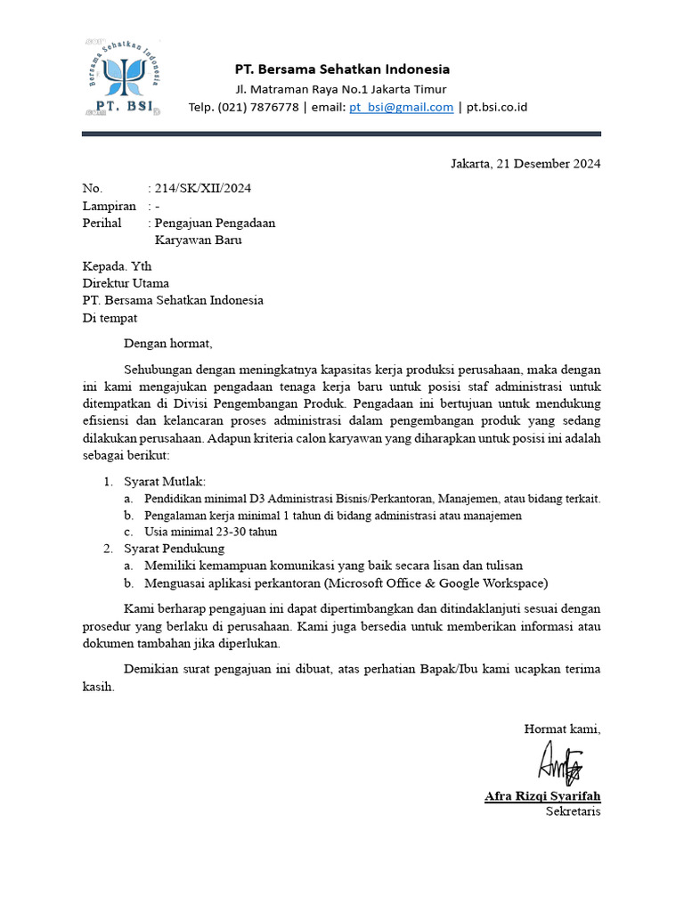 Surat Pengajuan Karyawan Baru | PDF