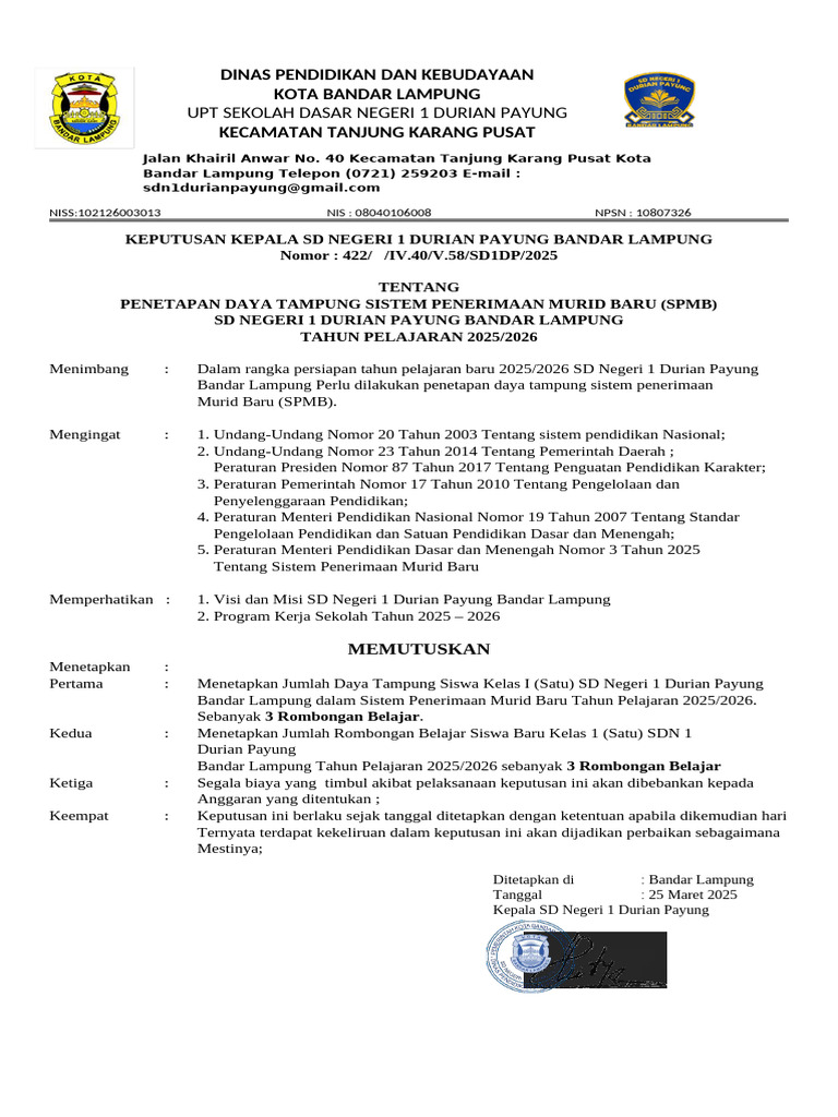 SK Daya Tampung Siswa Baru | PDF