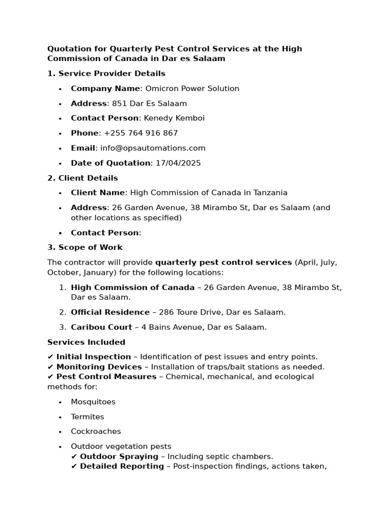 Quotation For Quarterly Pest Control Services at The High Commission of ...