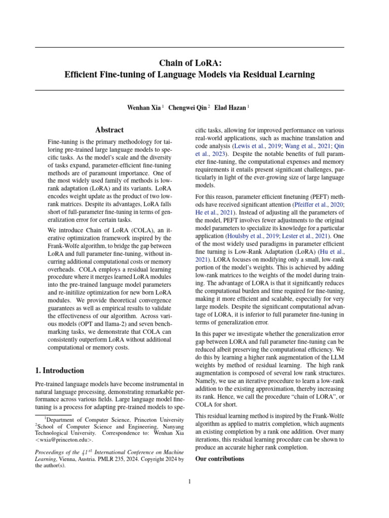 微调方法 Chain of LoRA - Efficient Fine-tuning of Language Models via Residual Learning | PDF ...