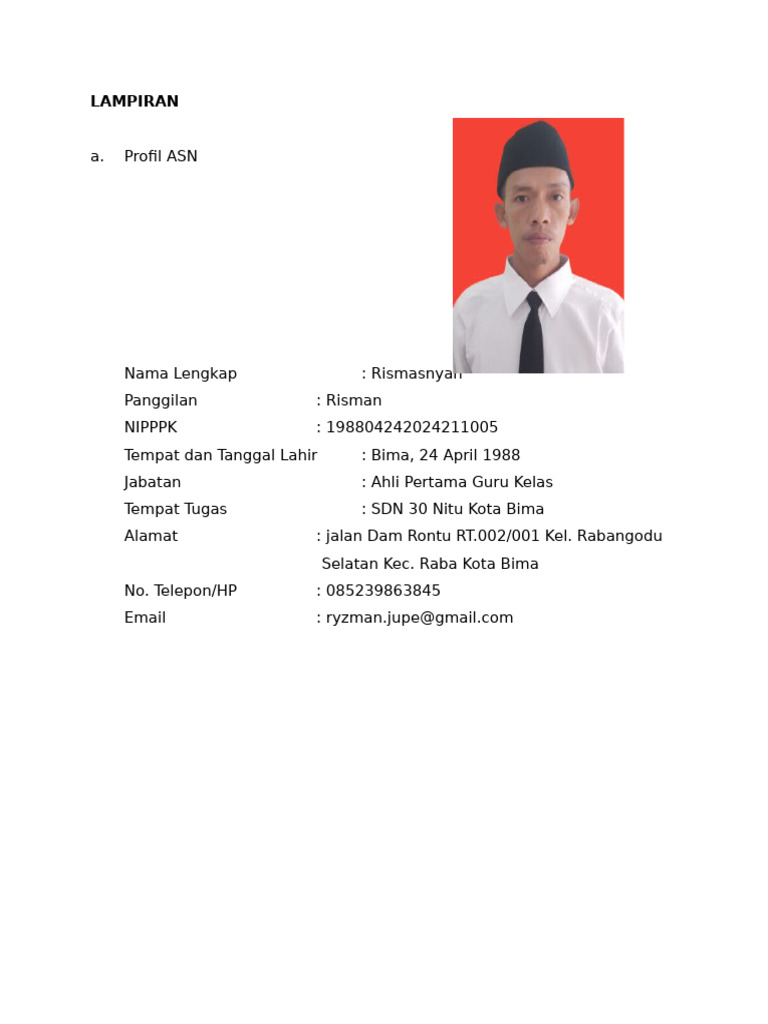 Profil ASN Rismasnyah, Guru Kelas SDN 30 | PDF