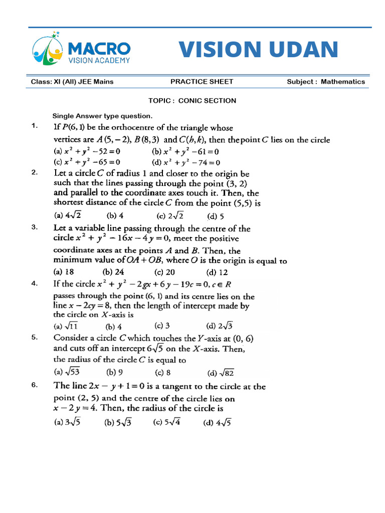 Class XI Practice Sheet - Conic Sections - 24.01 | PDF