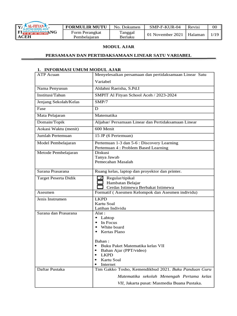 Modul Ajar PERSAMAAN LINEAR | PDF