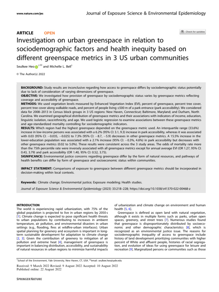 (Heo 2022) Investigation On Urban Greenspace in Relation To Sociodemographic Factors and Health ...