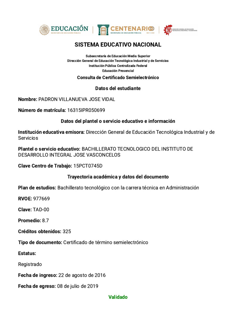 Siseems-Rvoes - Sems.gob - MX Certificado Egresado Mzk4NDQ2 | PDF
