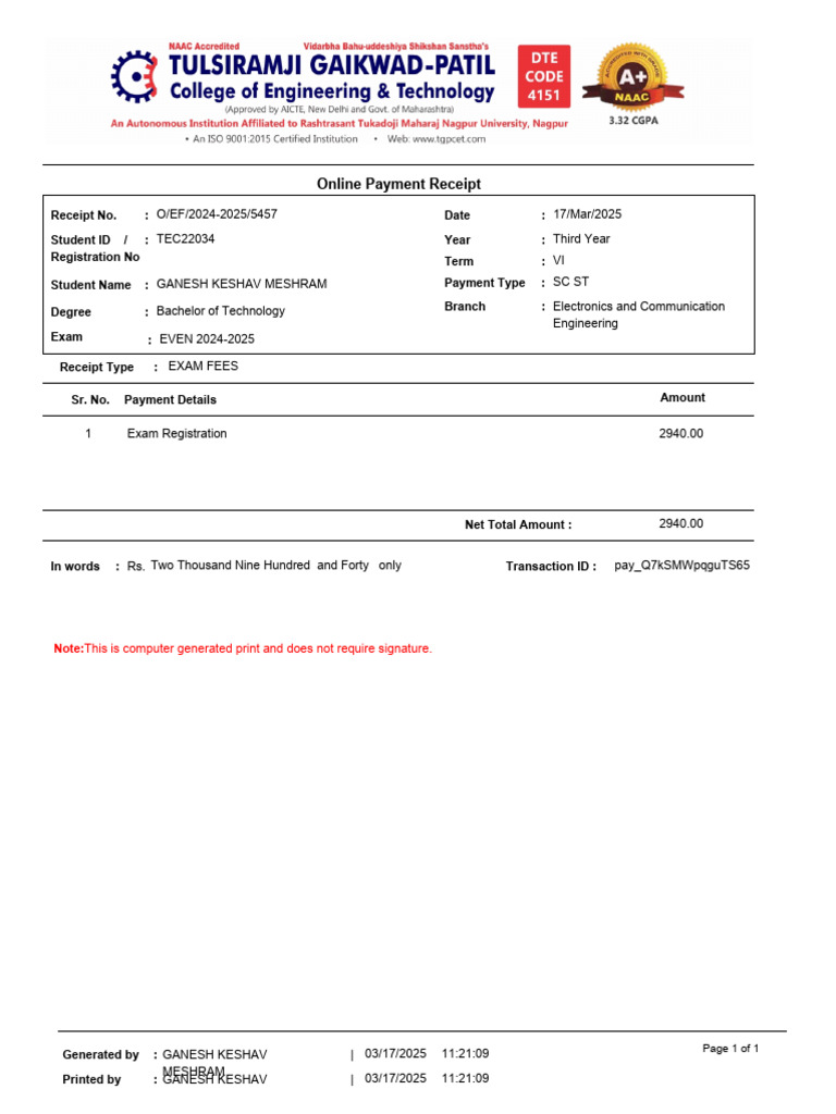 Ganesh Puja Exam Fee Receipt | PDF
