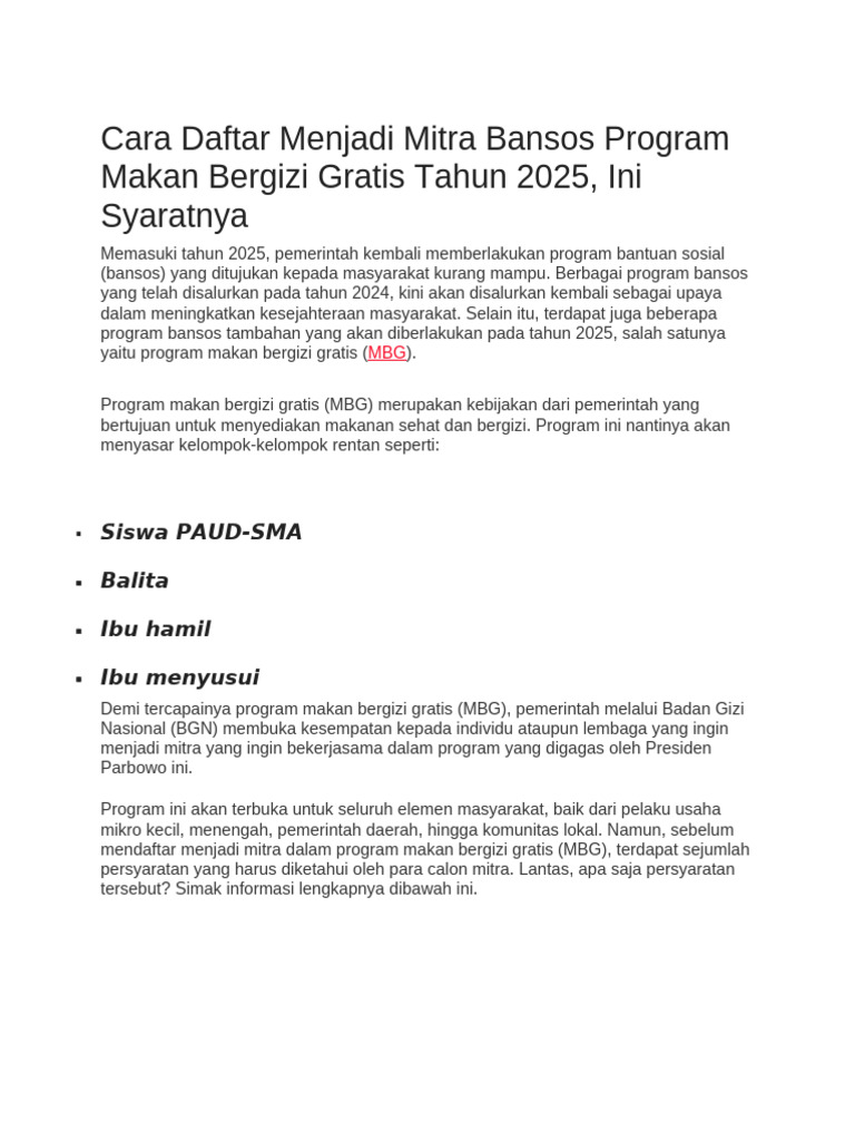 Cara Daftar Menjadi Mitra Bansos Program Makan Bergizi Gratis Tahun 2025 | PDF