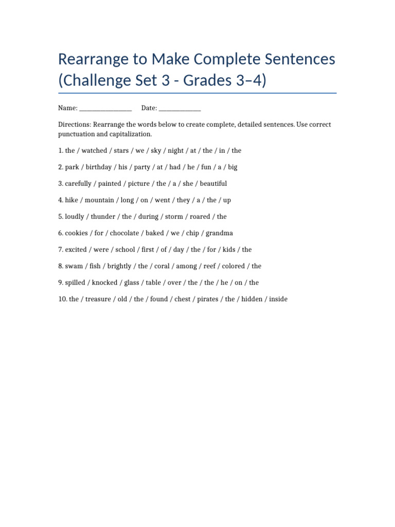 Rearrange Sentences Challenge Set 3 Grades 3 4 | PDF