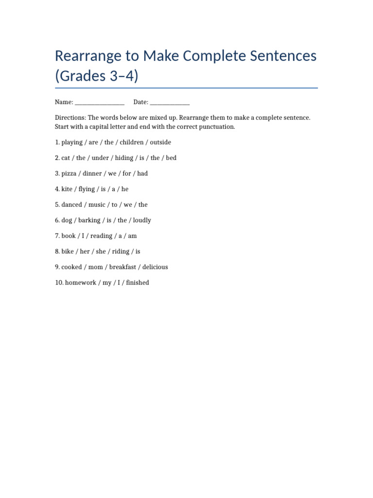 Rearrange Sentences Worksheet Grades 3 4 | PDF