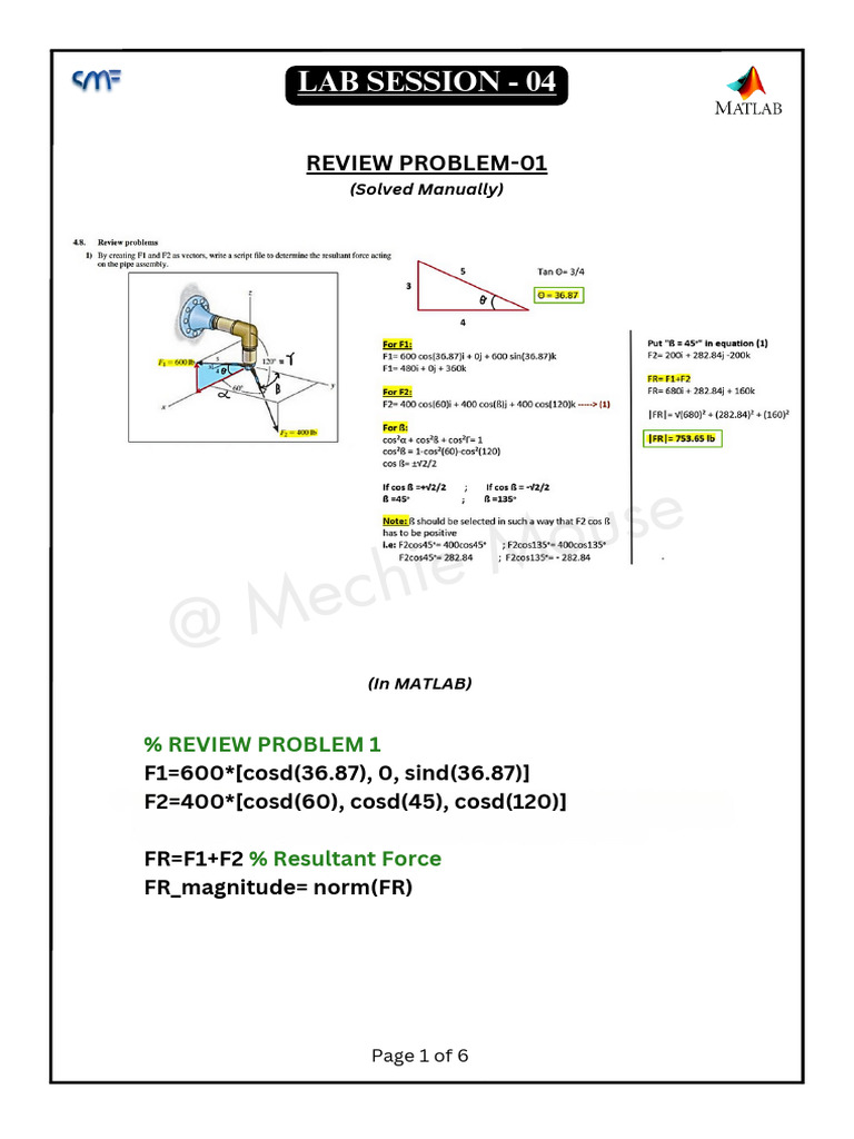 MATLAB Solutions for Force and Moment Problems | PDF | Euclidean Vector ...