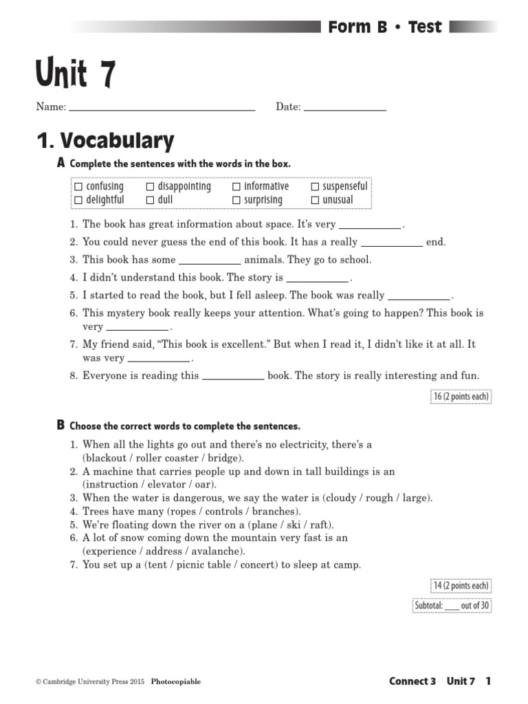Connect 3 Unit 7 Test Worksheet | PDF
