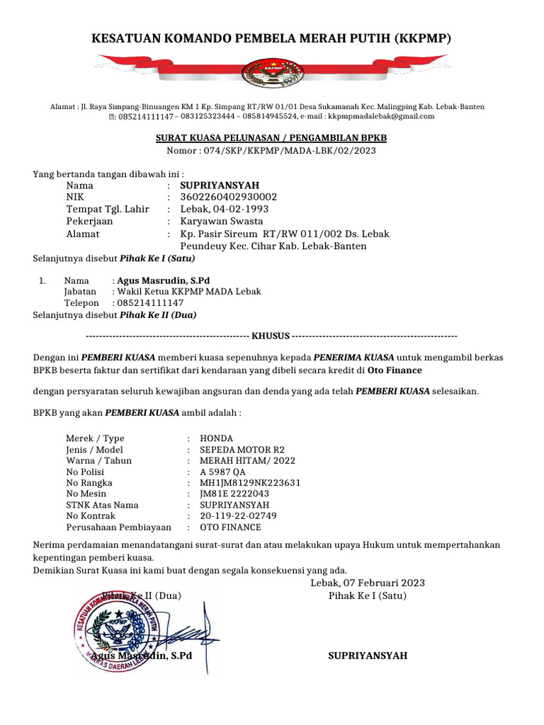 Surat Kuasa Pelunasan Suherman | PDF