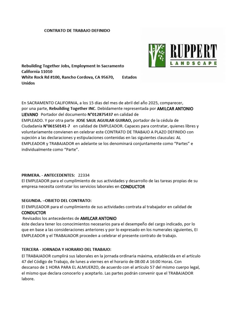 Contrato de Trabajo de Amilcar Antonio Lievano | PDF | Salario