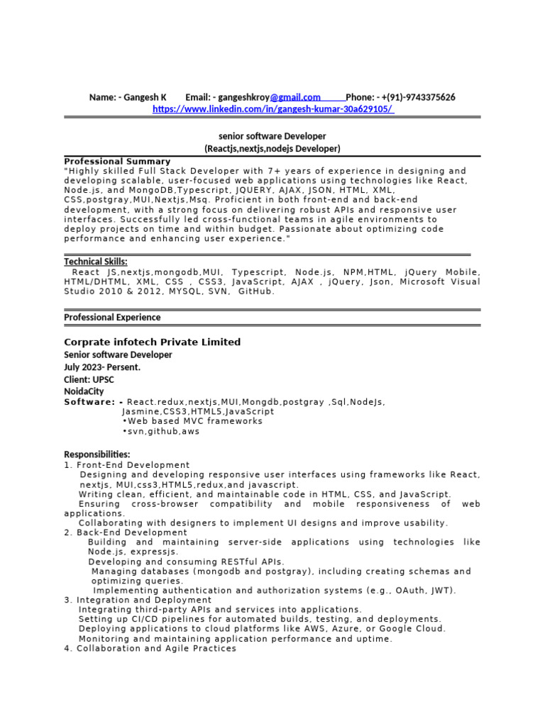 Senior Software Developer Profile | PDF | Web Application | Information Technology