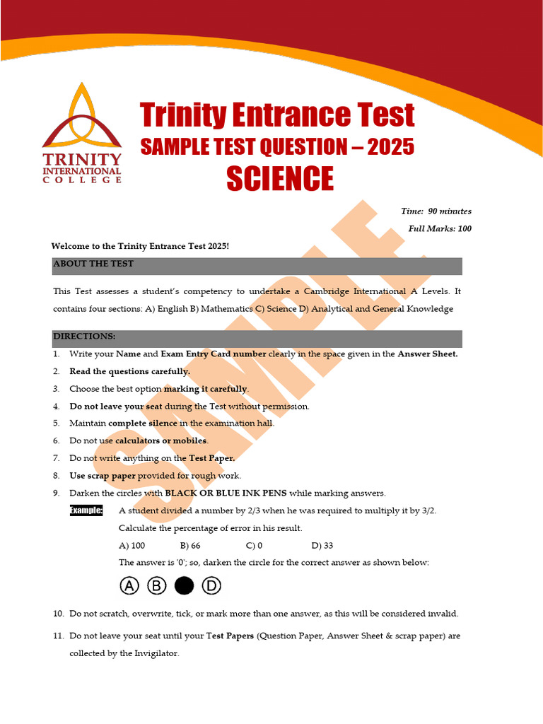 Trinity Entrance Test Sample Questions 2025 | PDF | Area | Circle