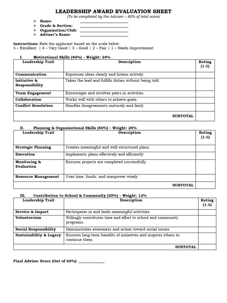 Leadership Award Evaluation Sheet | PDF | Leadership | Human Resources