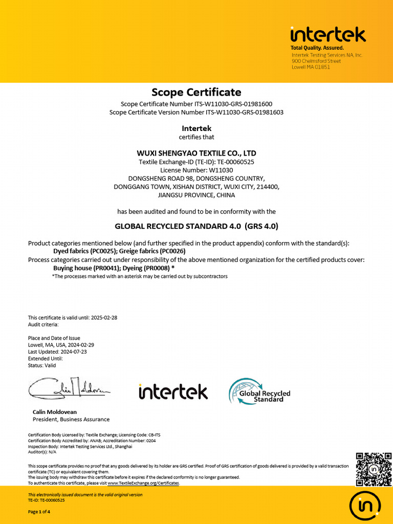 1 - SC-GRS-Certificate V 4 0-WUXI SHENGYAO TEXTILE CO, LTD | PDF ...
