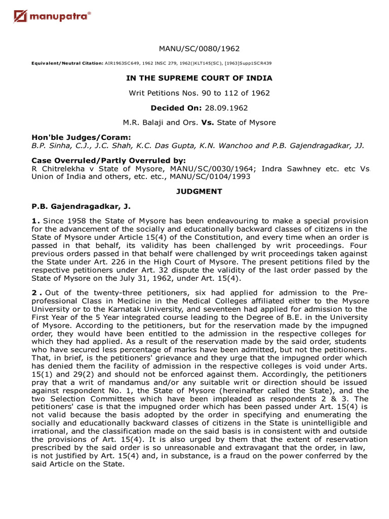 MR Balaji and Ors Vs State of Mysore 28091962 SCs620080COM107645 | PDF ...