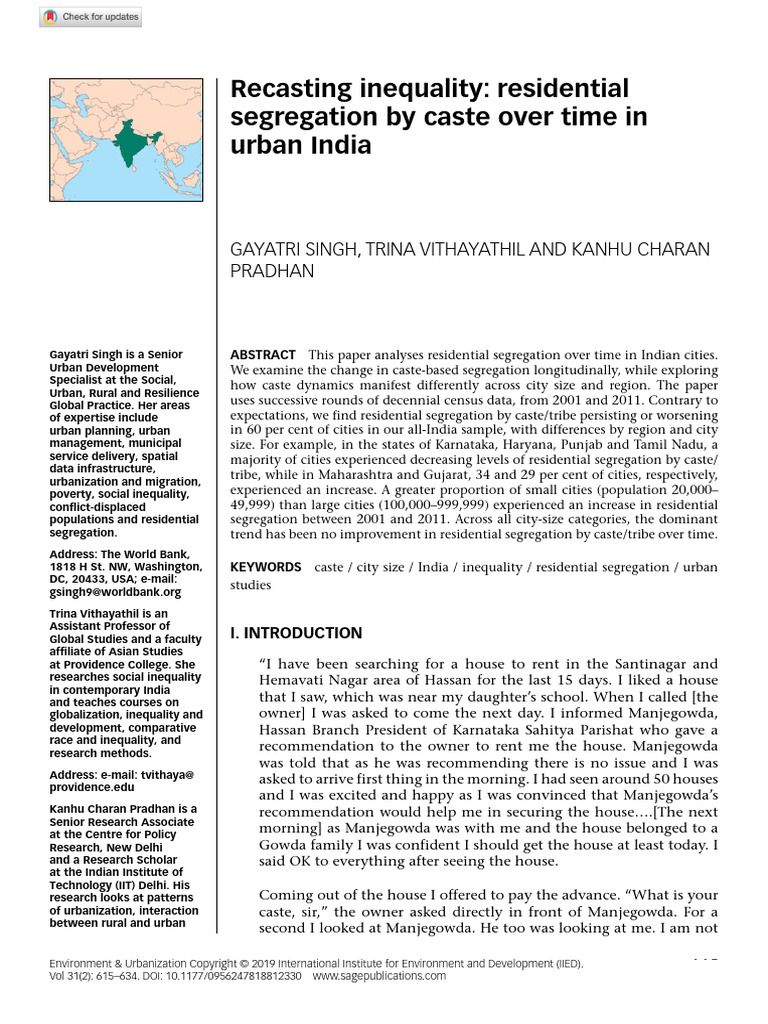 Gayatri Singh Recasting inequality residential segregation by caste ...