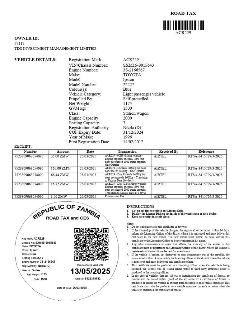 RTSA-3415729 3-2025 Certificate | PDF | Land Transport | Motor Vehicle