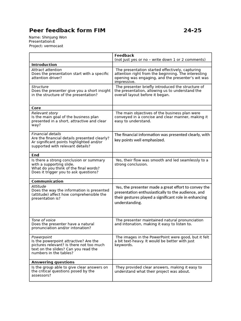 FIM Peer Feedback Form Week 10 | PDF | Learning | Cognition